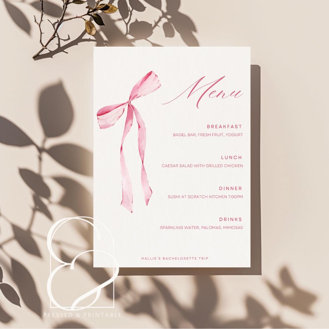 Pink Bow Coquette Bachelorette Menu Template, Bridal Shower Menu ...