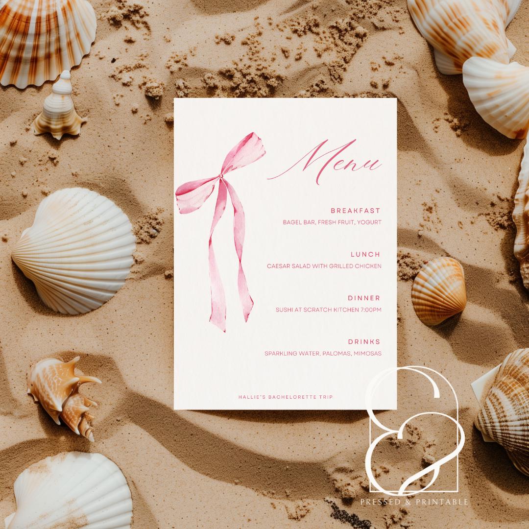 Pink Bow Coquette Bachelorette Menu Template, Bridal Shower Menu ...