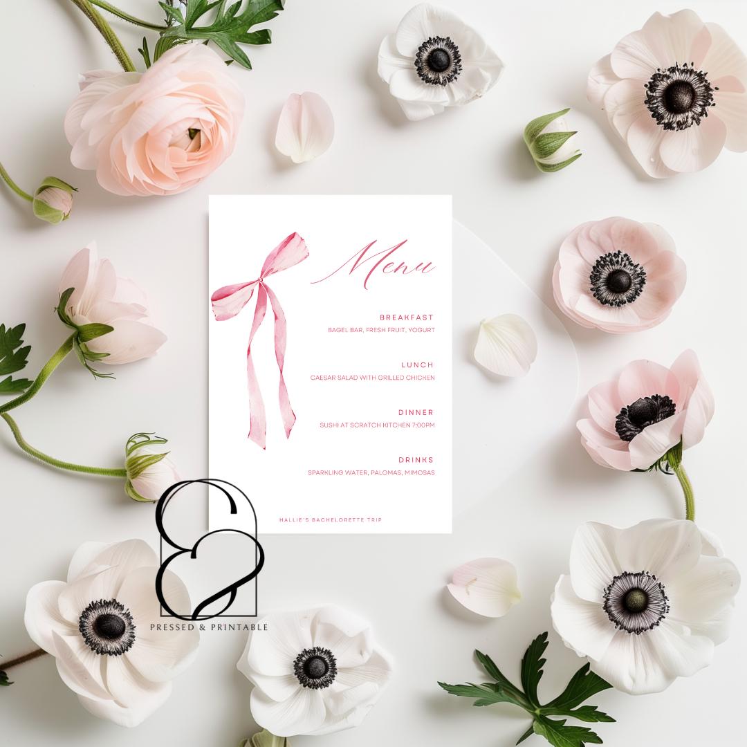 Pink Bow Coquette Bachelorette Menu Template, Bridal Shower Menu ...
