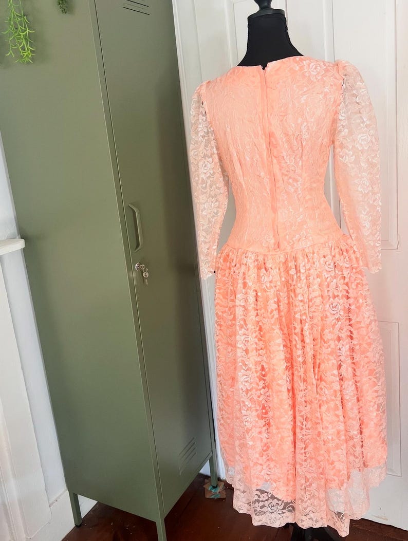 Vintage 80s Peach Pink Lace Prom Dress With Satin Bow and Full Skiet ...