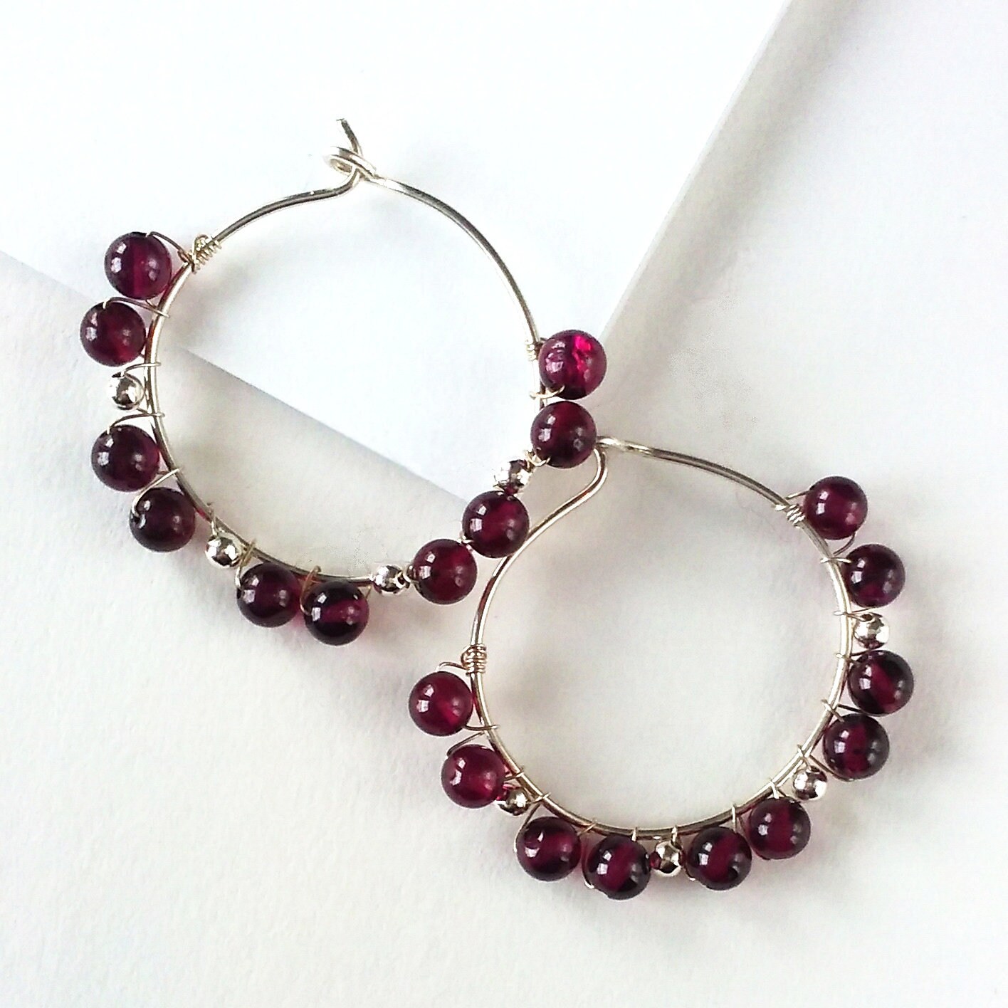 Garnet and Sterling Silver Wire-wrapped Hoop Earrings - Etsy