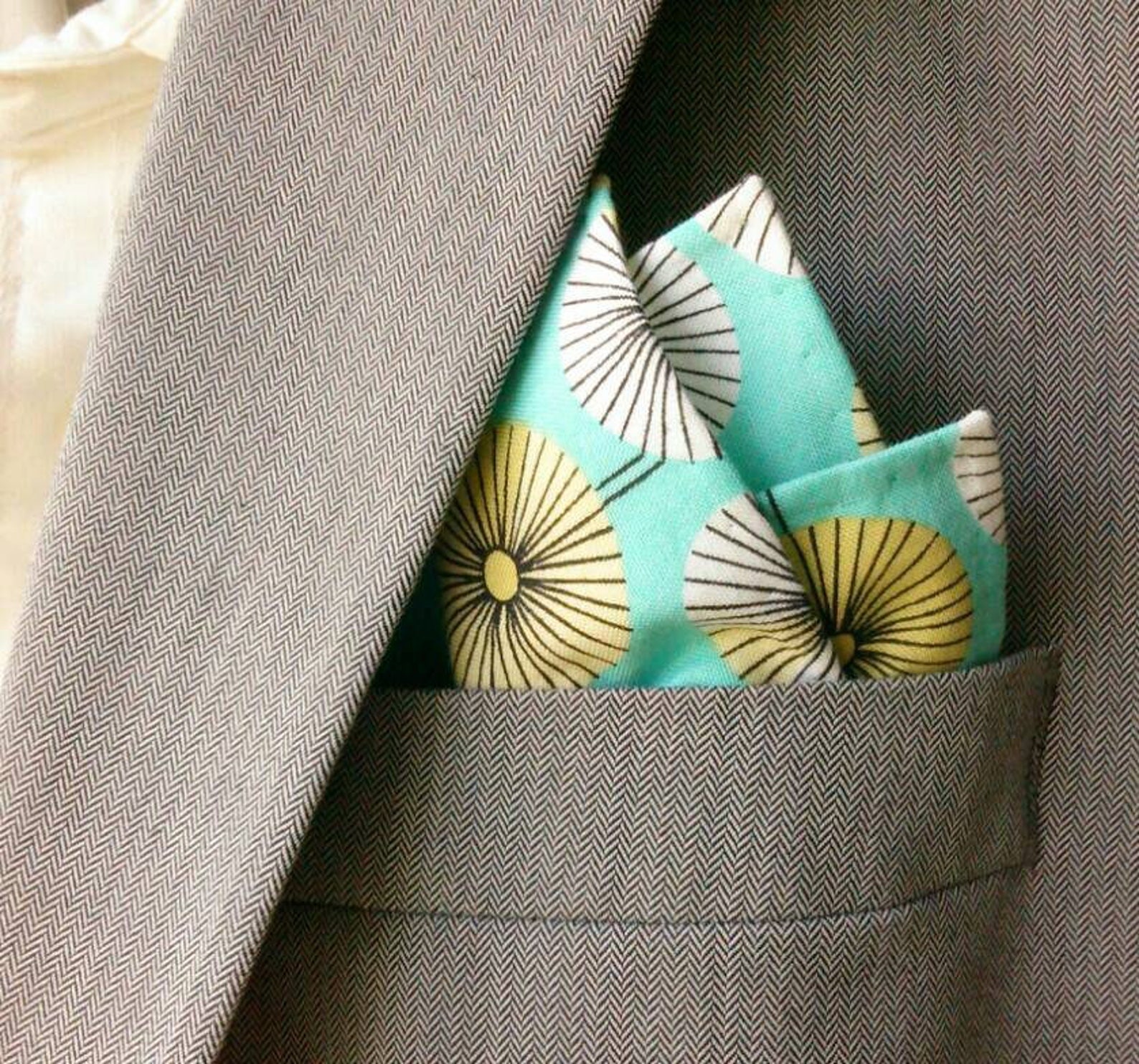 Aqua and White Modern Floral Cotton Pocket Square With Hand-rolled Hems ...