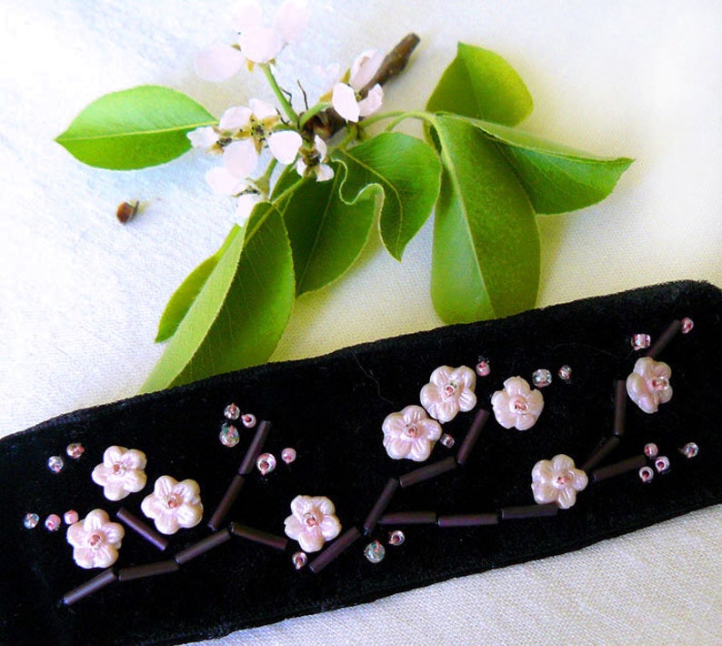 Cherry Blossom Beaded Velvet Cuff Bracelet - Etsy