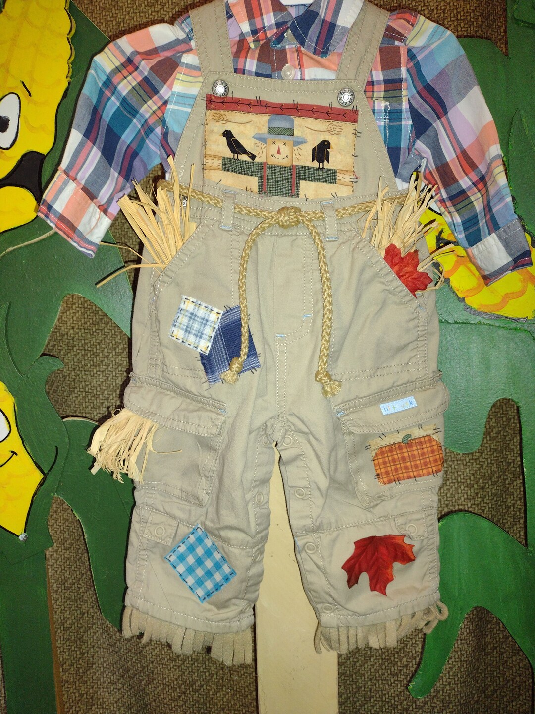 Boys Size 3-6 Month Scarecrow Costumetan Overalls Plaid - Etsy