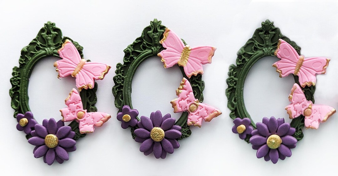 Three Fondant Frames With Butterflies and Flowers Cake/cupcake Toppers ...