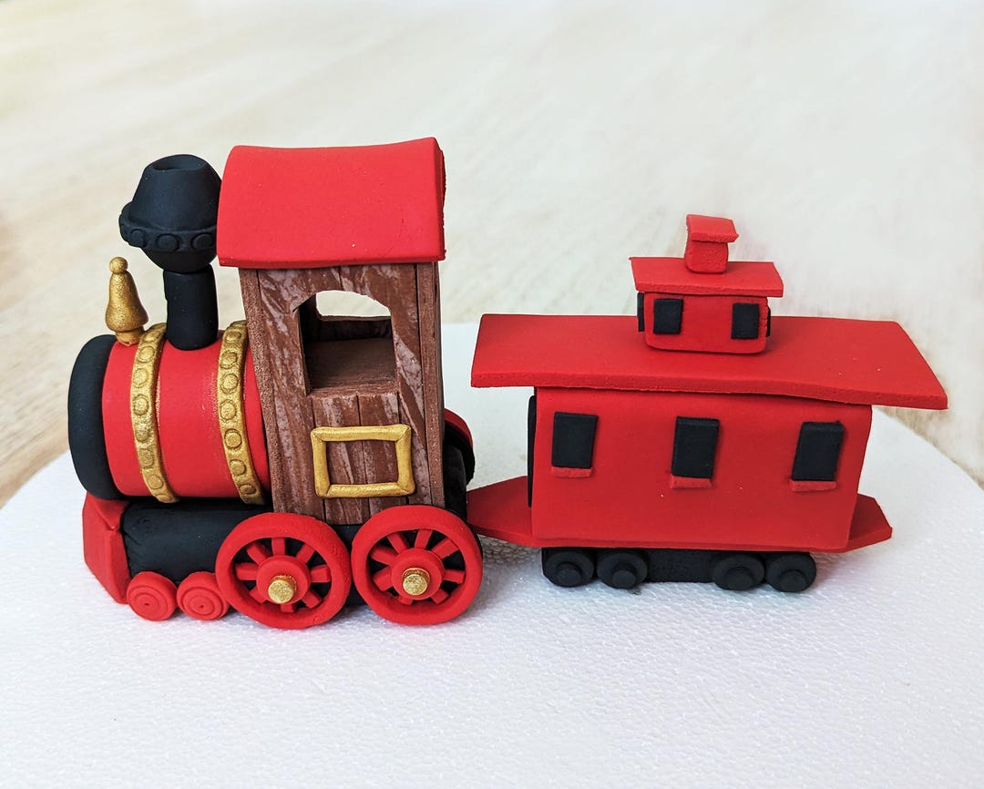Train Cake Topper. Edible Red Locomotive and Caboose, Birthday Cake ...