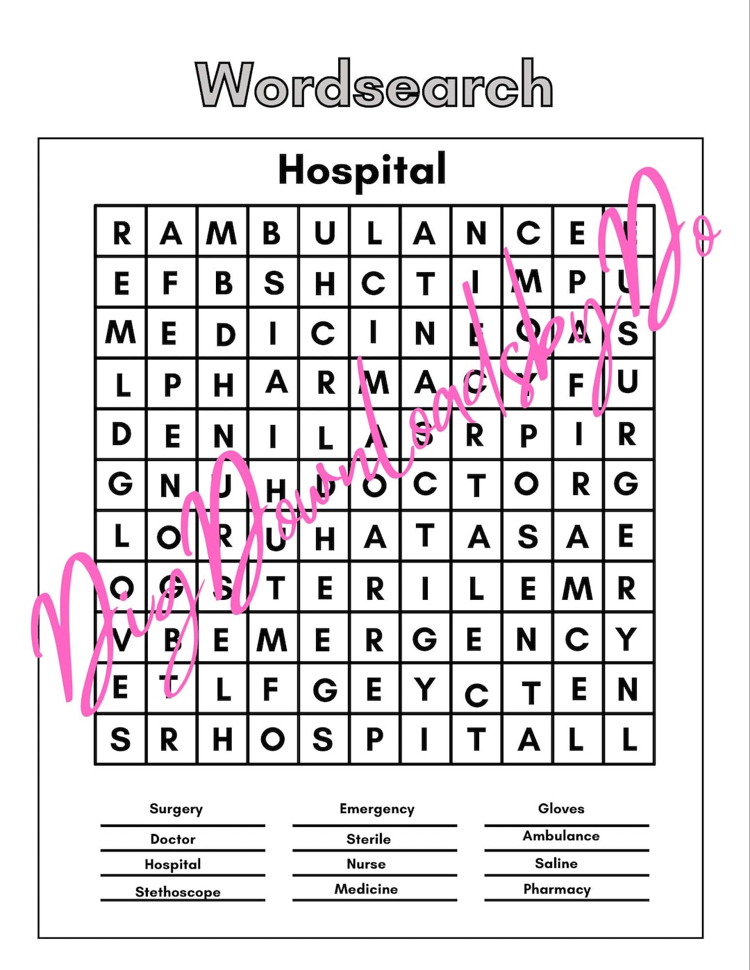 Hospital Word Search - Etsy