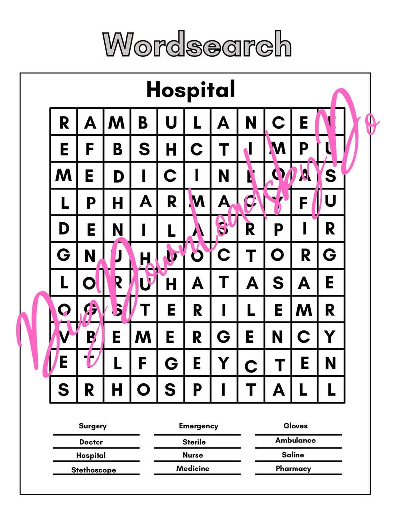 Hospital Word Search - Etsy