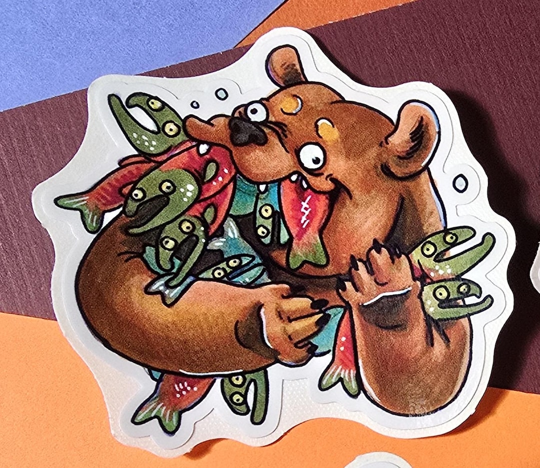 Salmon Overload Bear Vinyl Sticker - Etsy