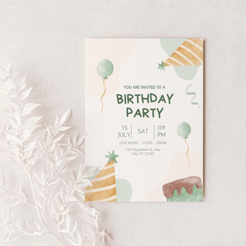 Green Birthday Invitation: Editable Template (digital Download 5x7in ...