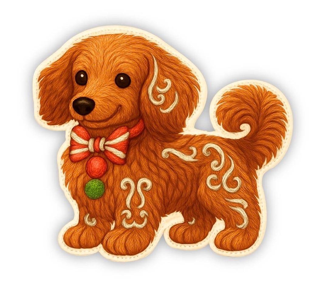 Embroidered-style Gingerbread Dachshund Puppy Sticker – Herbie in Cozy ...