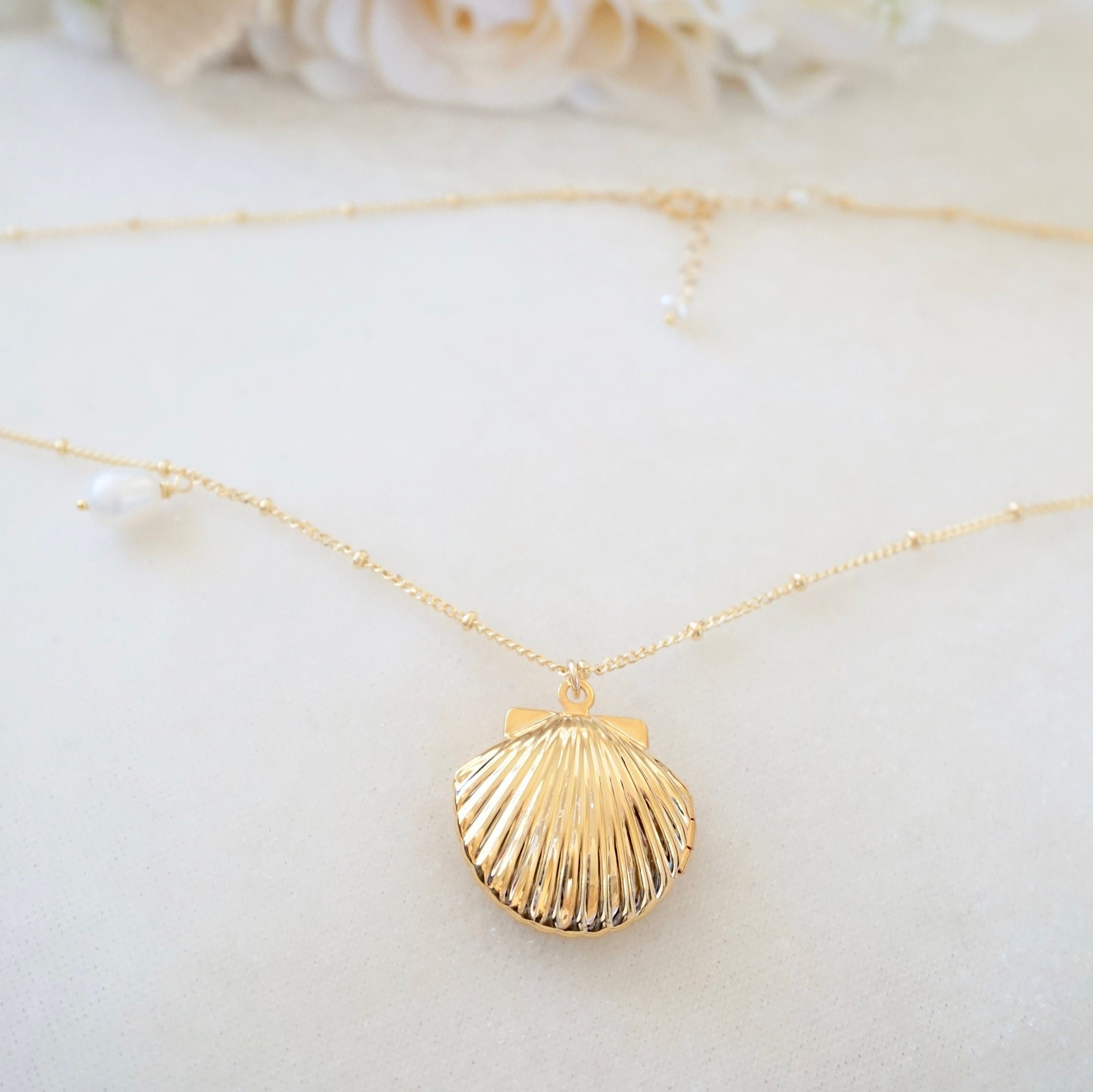 Seashell Locket Necklace Gold Seashell Necklace Gold Necklace Pearl ...