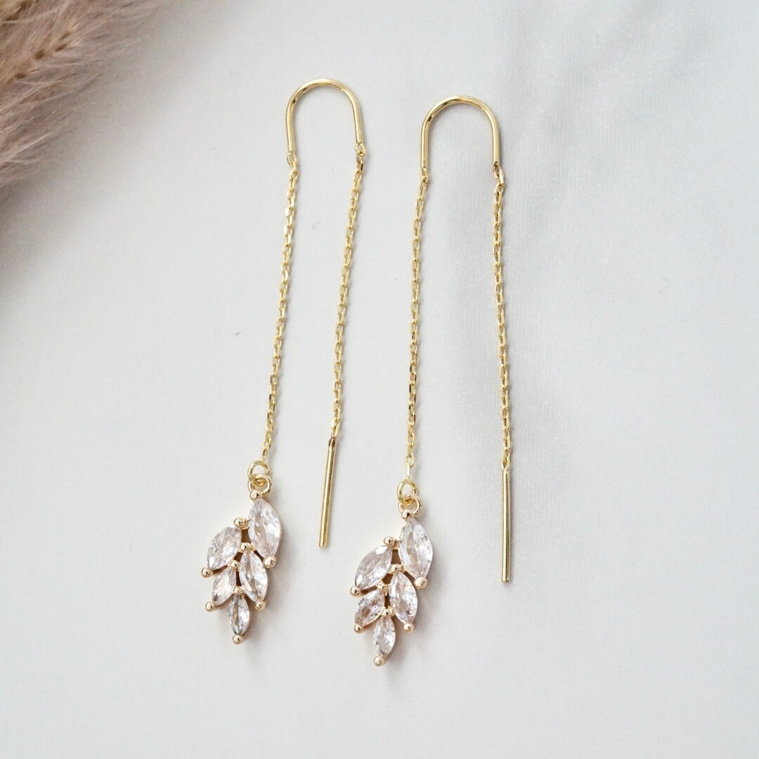 Gold Long Chain Earrings Leaf Threader Earrings Gold Leaf Earrings ...