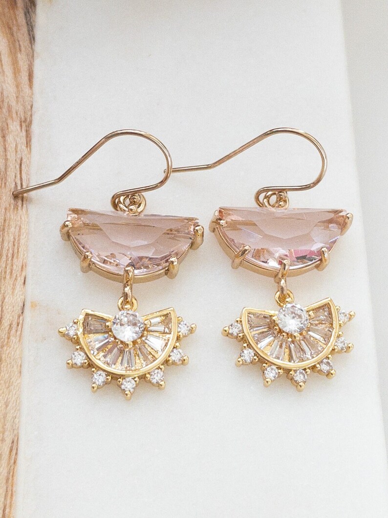 Dainty Pink Earrings for Prom Gold Earrings With Pink Stone and Fan ...