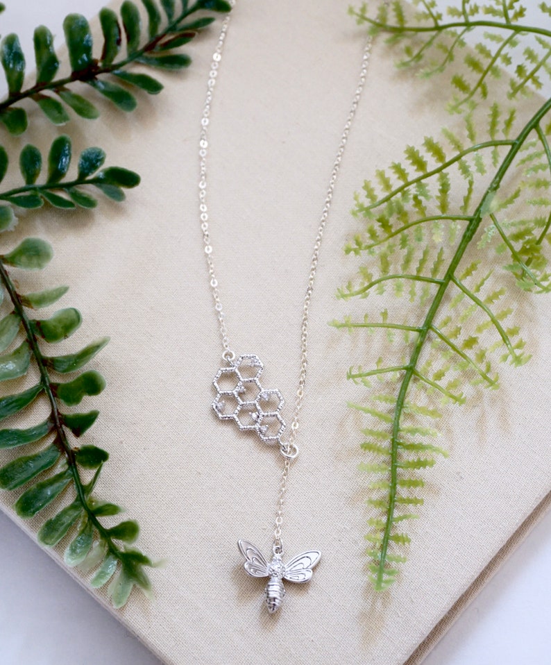 Silver Bee Necklace Honeycomb Necklace Bee Lariat Necklace | Etsy