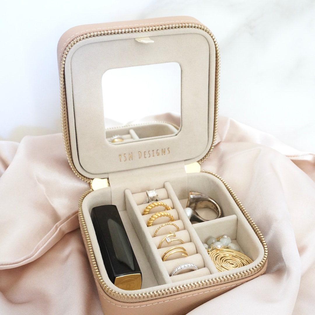 Travel Jewelry Case, Beige Travel Jewelry Box With Mirror, Small ...