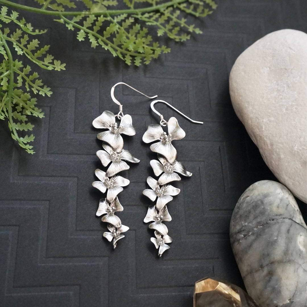 Silver Statement Earrings Cascading Dogwood Earrings Long Earrings ...