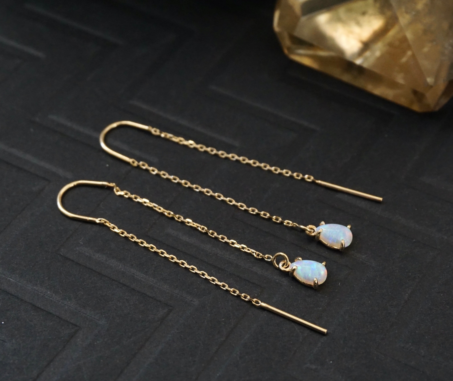 Opal Threader Earrings Long Gold Earrings Chain Earrings - Etsy