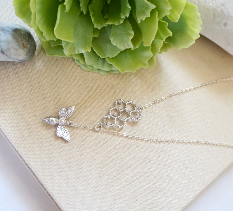 Silver Bee Necklace - Honeycomb Necklace, Bee Lariat Necklace, Dainty ...