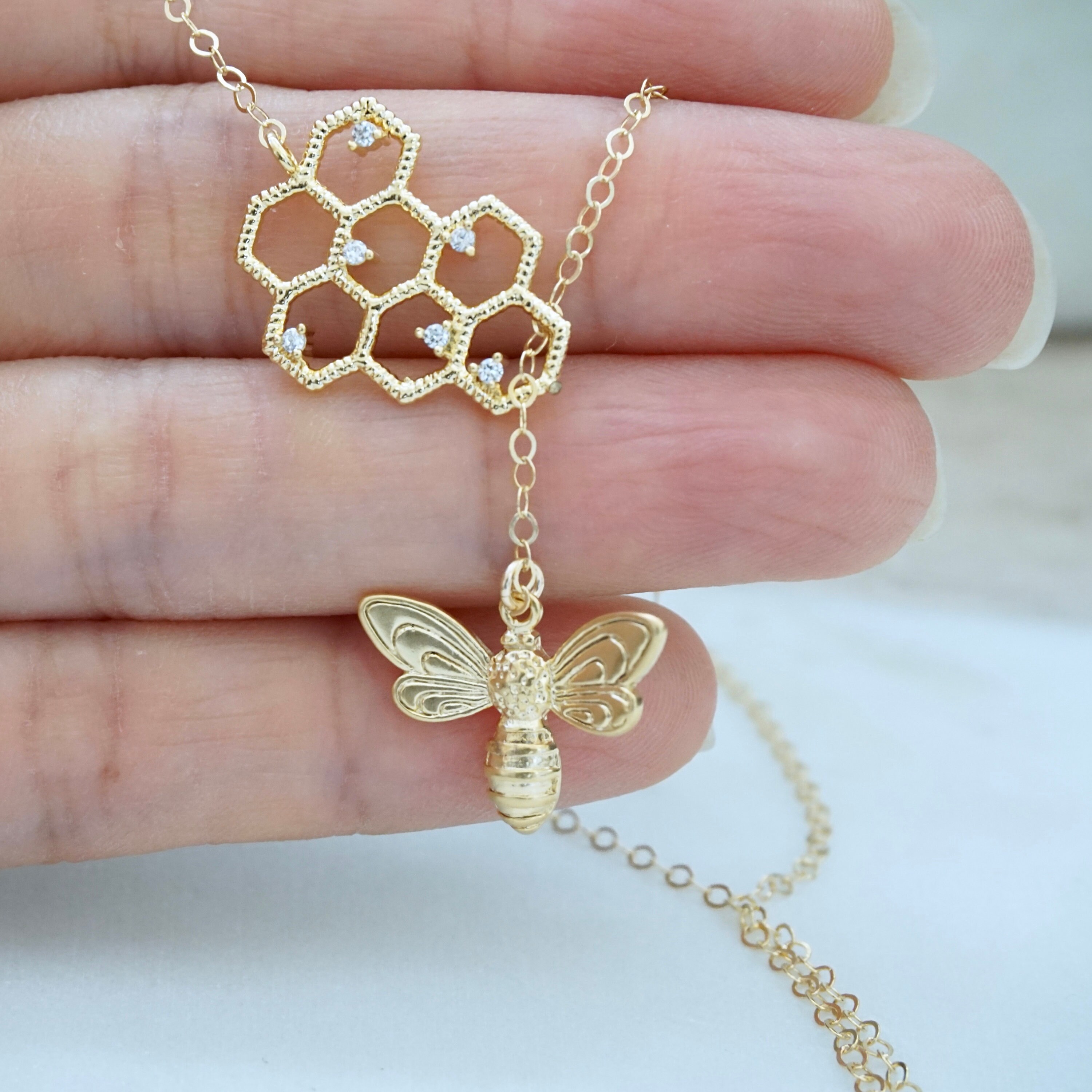 Honeycomb Bee Lariat Necklace Gold Honeycomb Necklace Bee | Etsy