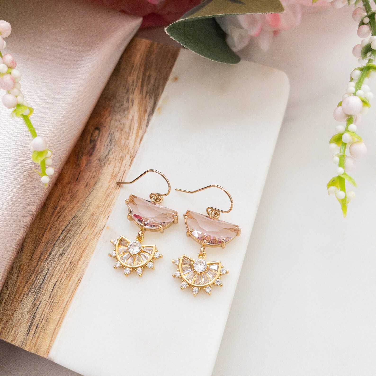 Dainty Pink Earrings for Prom Gold Earrings With Pink Stone and Fan ...