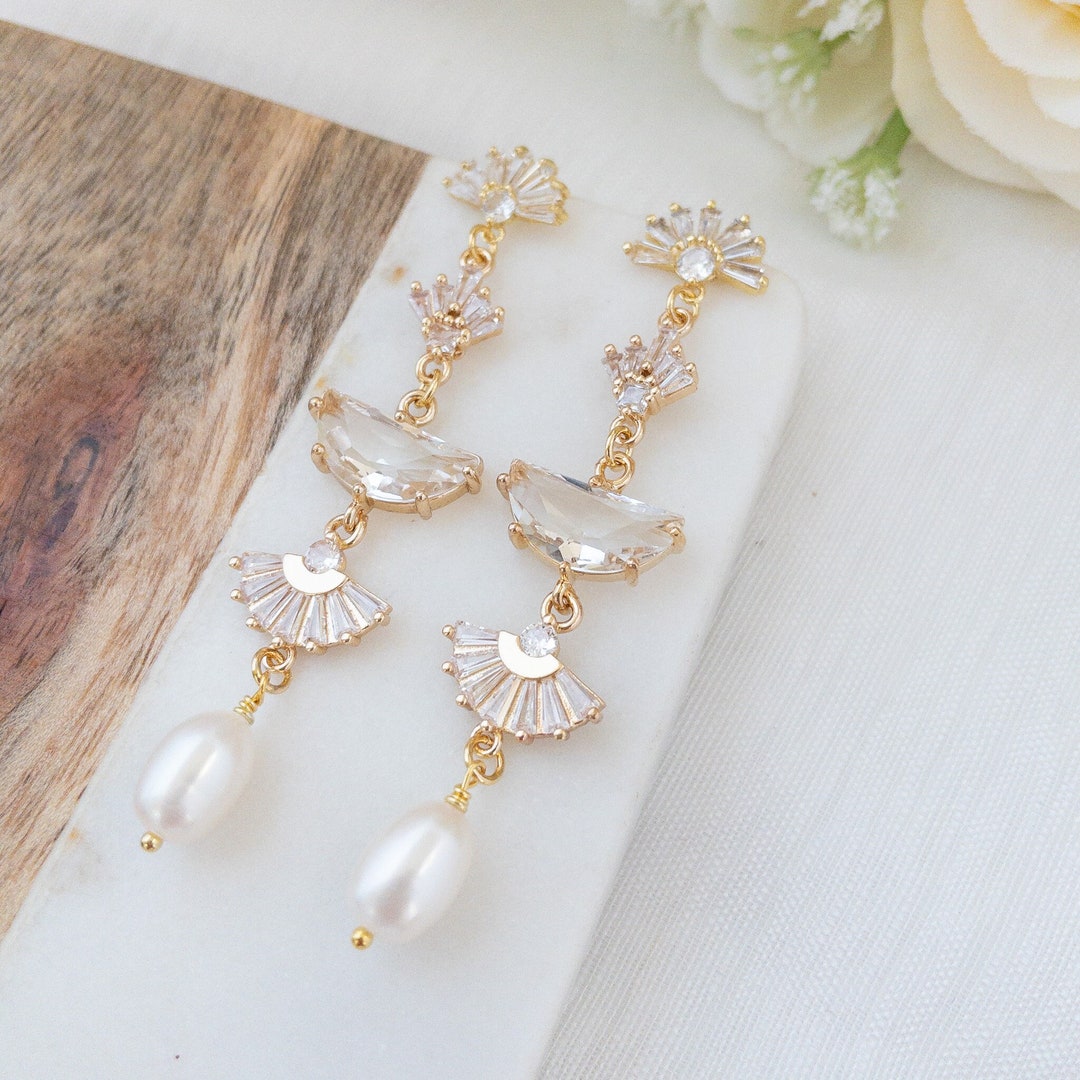 Wedding Earrings for Bride Long Bridal Earrings Gold Pearl Art Deco ...