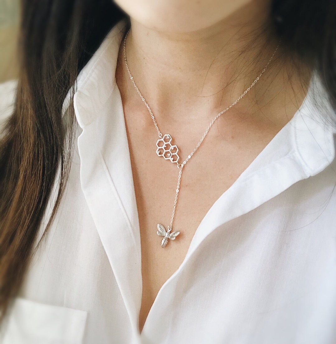 Silver Bee Necklace - Honeycomb Necklace, Bee Lariat Necklace, Dainty ...