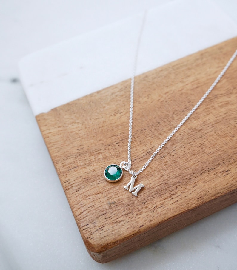 Silver Birthstone Initial Necklace Personalized Birthstone - Etsy