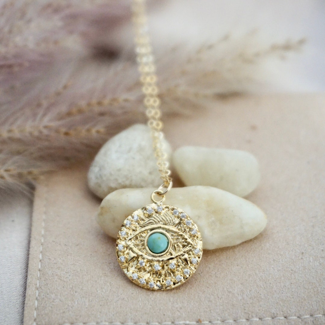 Evil Eye Coin Necklace Turquoise Evil Eye Necklace Round Coin Pendant ...