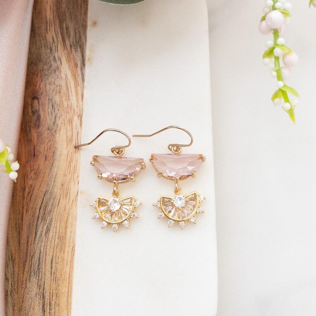 Dainty Pink Earrings for Prom Gold Earrings With Pink Stone and Fan ...