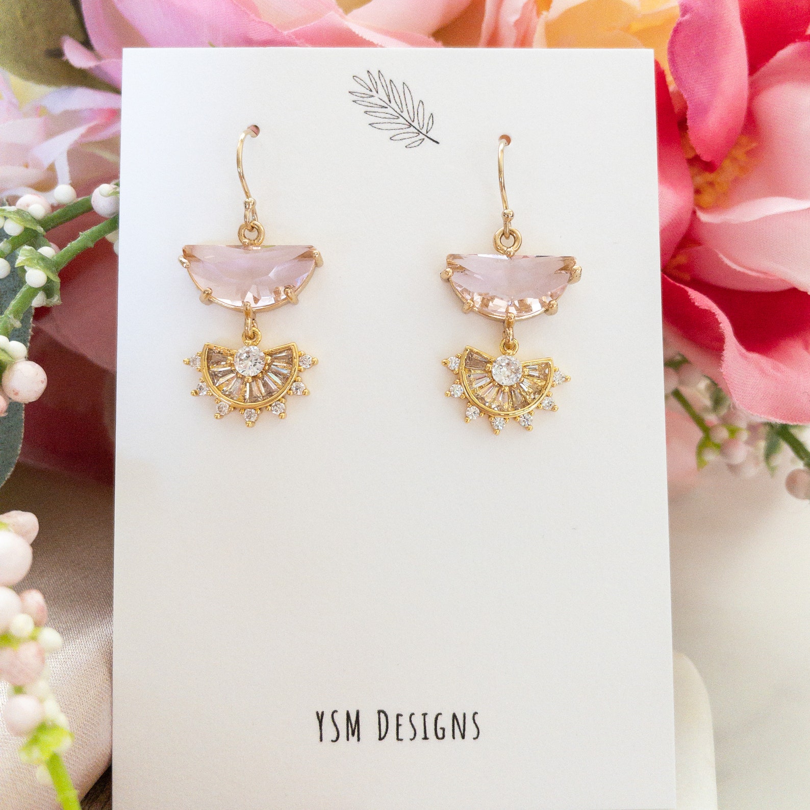 Dainty Pink Earrings for Prom Gold Earrings With Pink Stone and Fan ...
