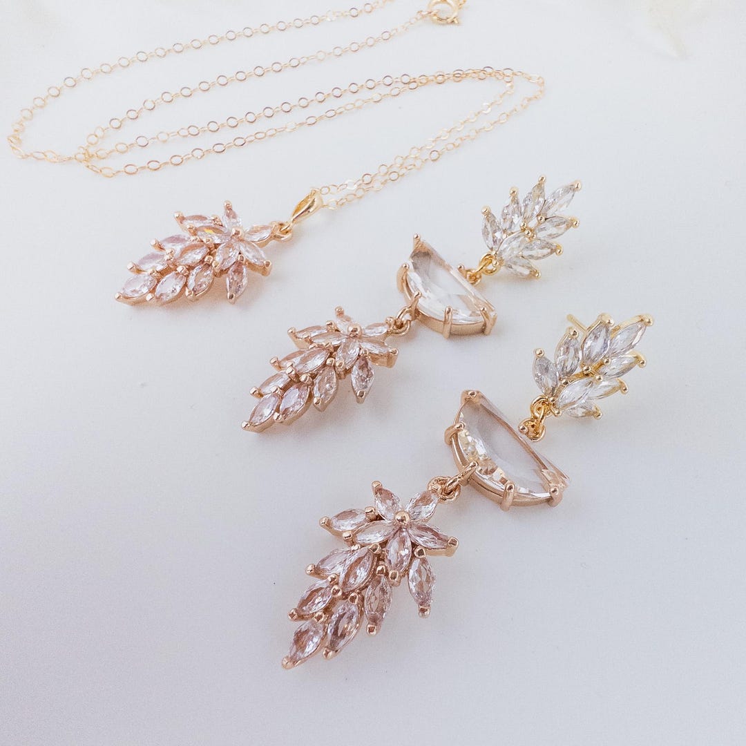 Boho Bridal Leaf Jewelry Set Gold Crystal Wedding Earrings and Necklace ...