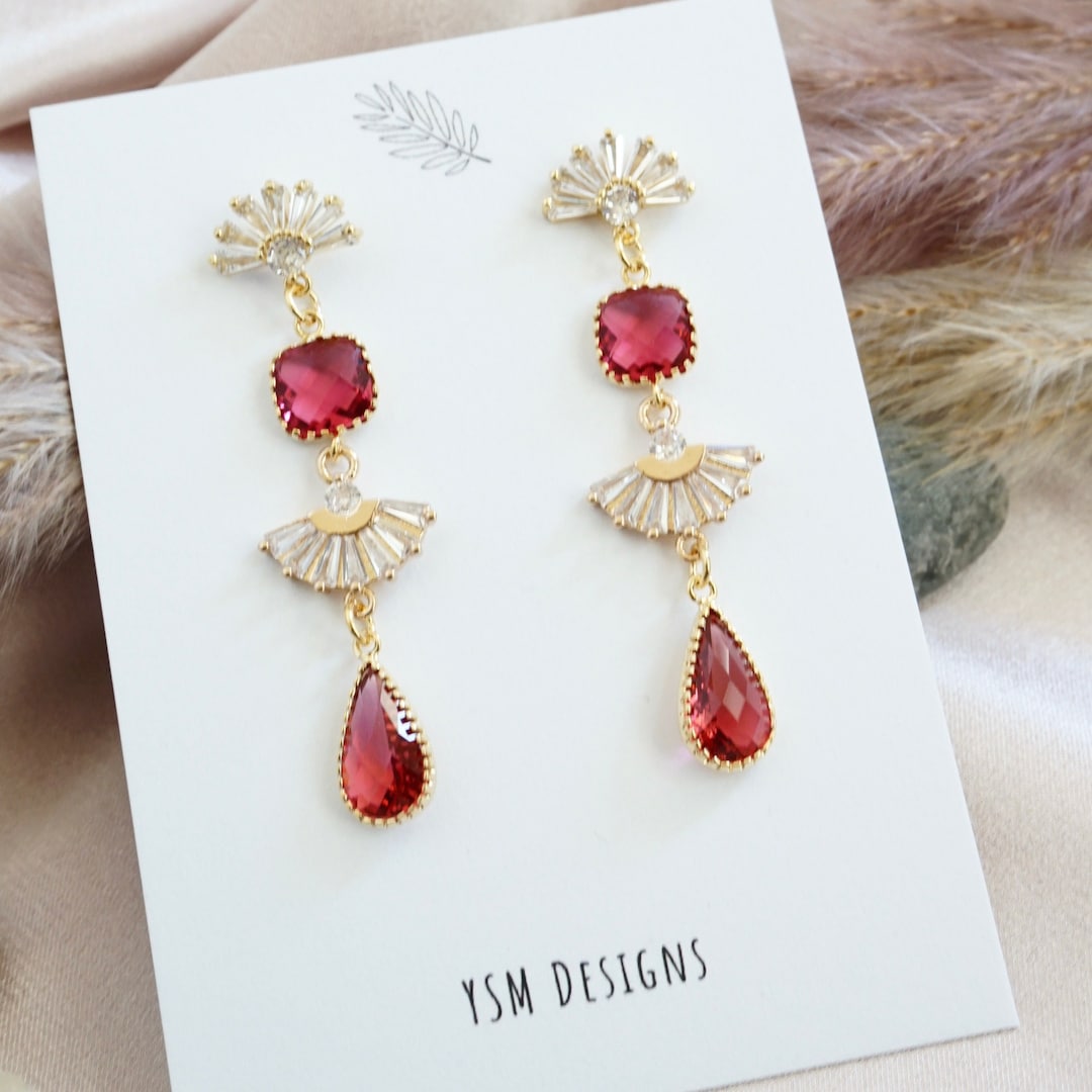 Red Art Deco Earrings Long, Gold Statement Earrings, Boho Bridal ...