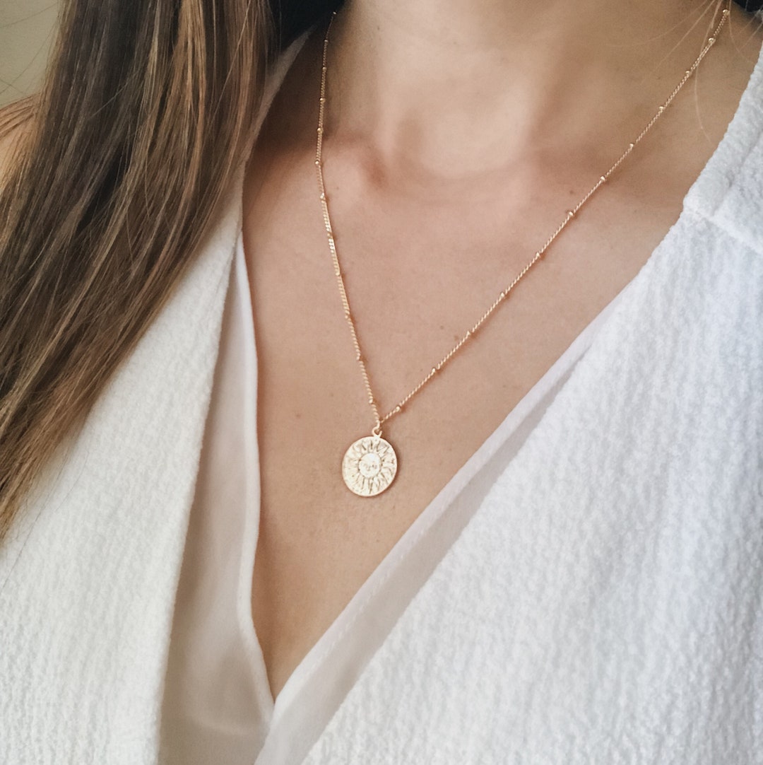 Gold Sun Coin Necklace Dainty Sun Necklace Celestial Coin Pendant ...