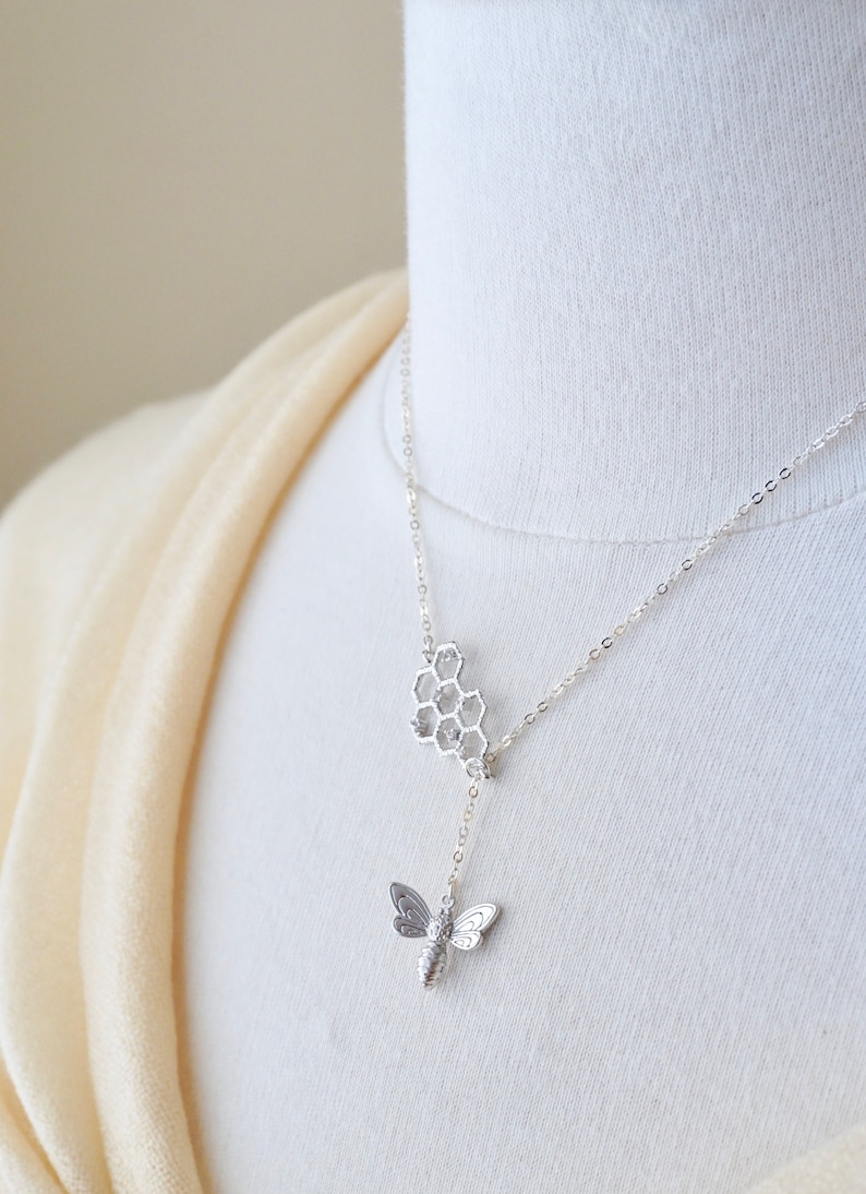 Silver Bee Necklace Honeycomb Necklace Bee Lariat Necklace | Etsy