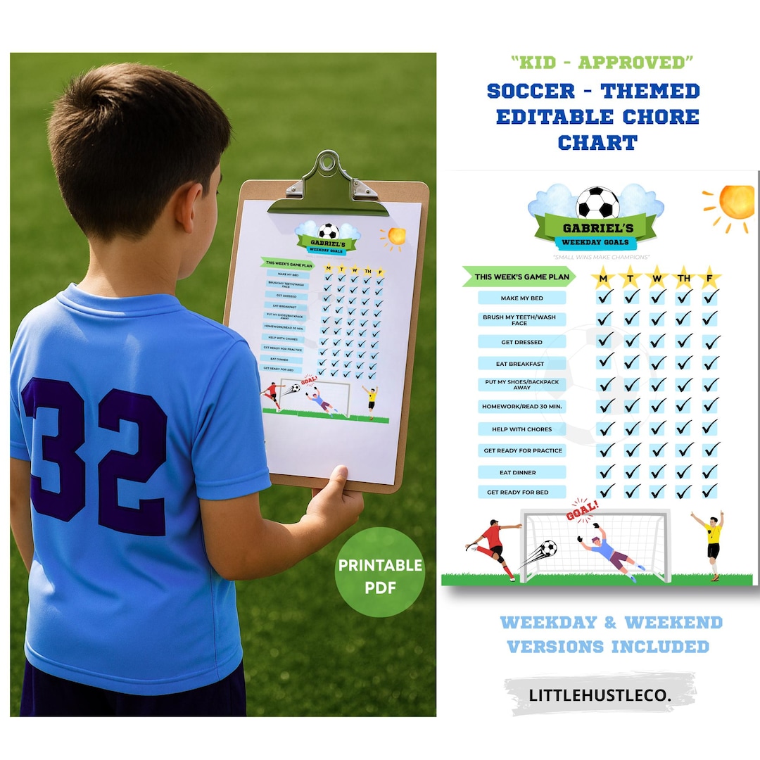 Editable Soccer Chore Chart for Kids - Printable Goal Tracker, Weekday ...