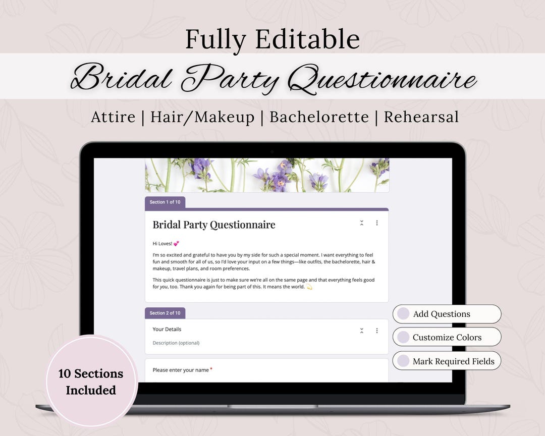 Bridal Party Questionnaire Google Form, Editable Bridesmaid Survey ...