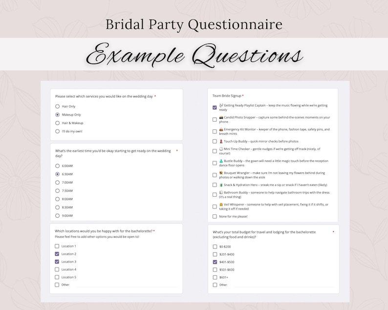 Bridal Party Questionnaire Google Form, Editable Bridesmaid Survey ...
