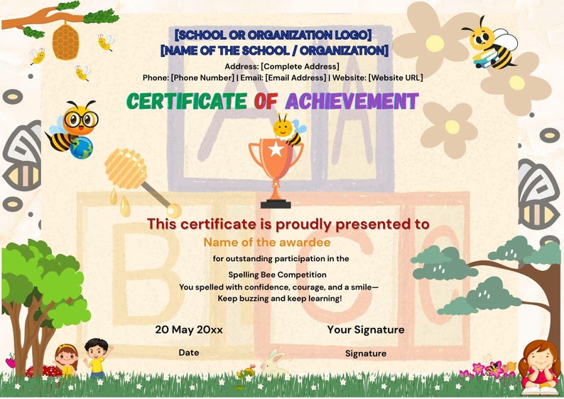 Spelling Bee Competition Certificate Template - Editable Canva Design ...