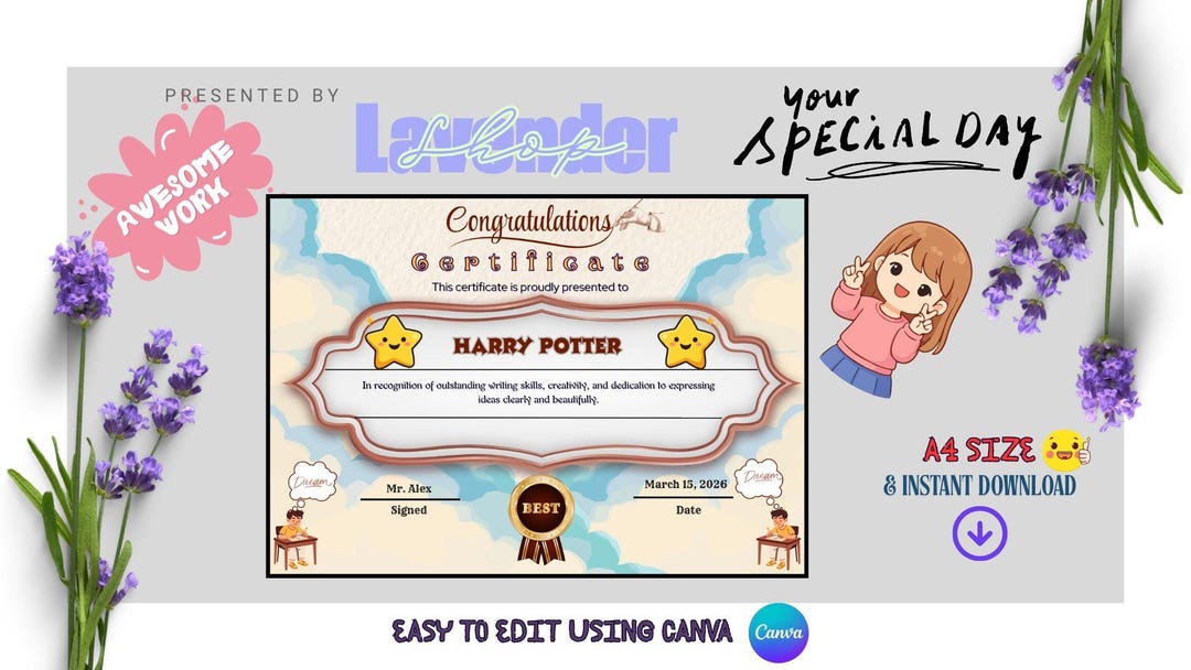 Editable Canva Certificate Template: Writer Award (instant Download ...
