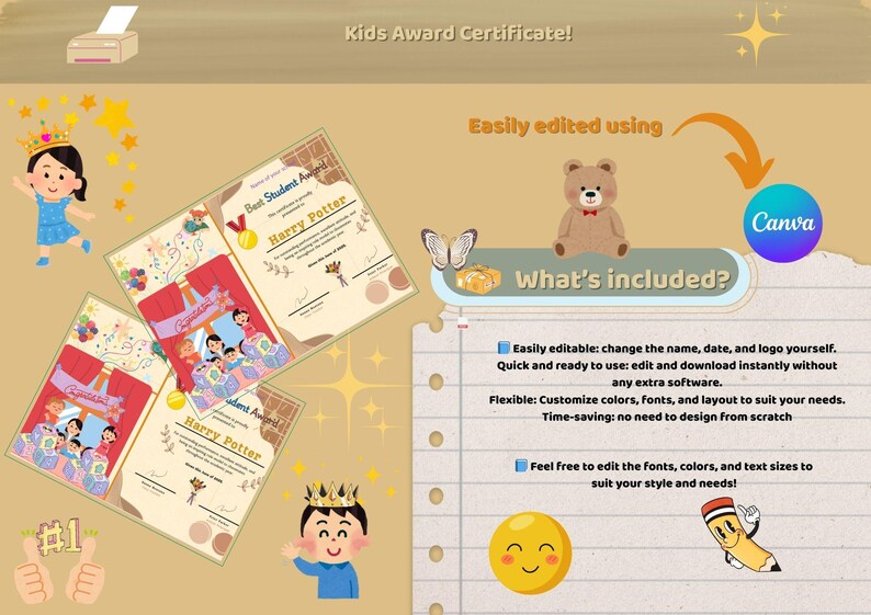 Editable Student Award Certificate Template - Canva Design - Etsy