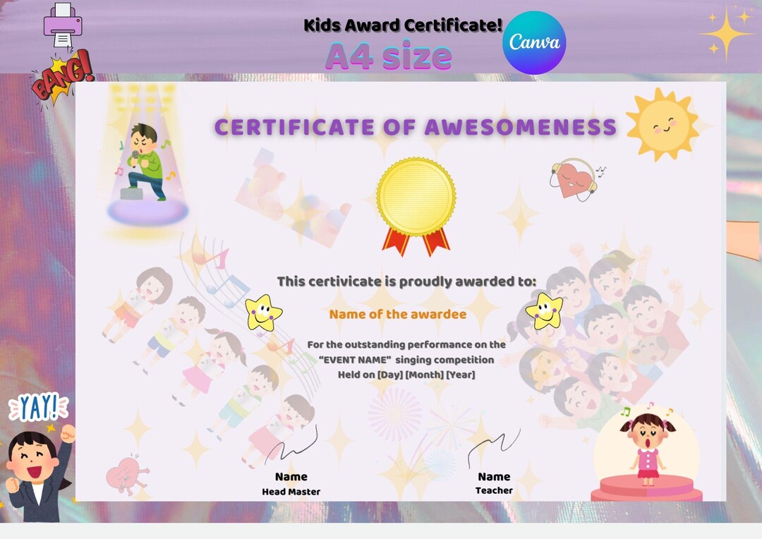 Singing Competition Certificate Template - Editable Canva Design - Etsy