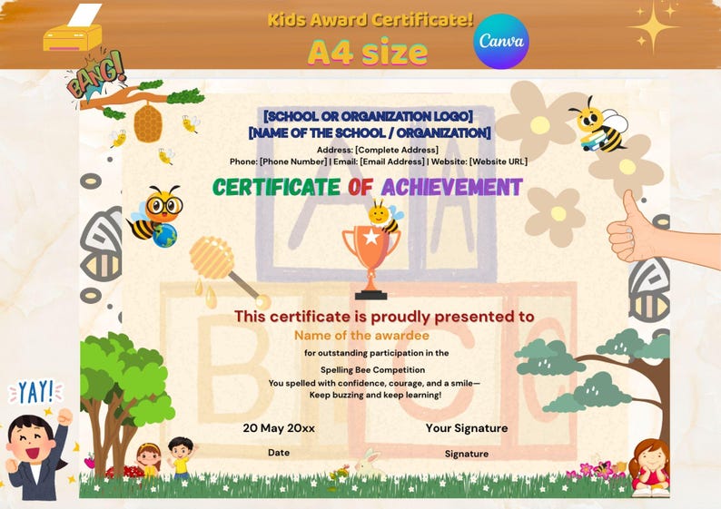 Spelling Bee Competition Certificate Template - Editable Canva Design ...