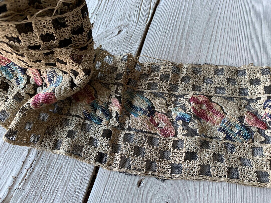 By the 25 Inches Antique Embroidered Fine Net Trim Art Deco (ref: A ...