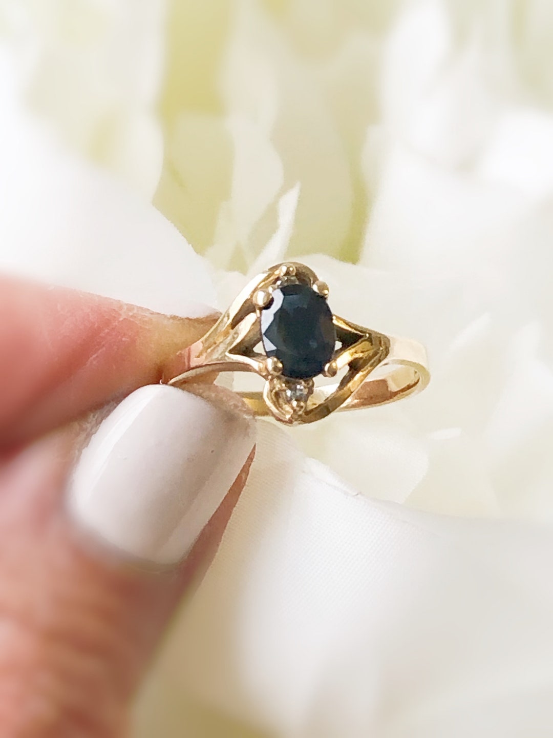 Vintage 14K Blue Sapphire Solitaire and Diamond Ring, Vintage 14K Gold ...