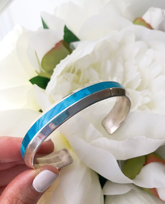 Vintage Navajo Turquoise Inlay Zig Zag cuff Native Am… - Gem