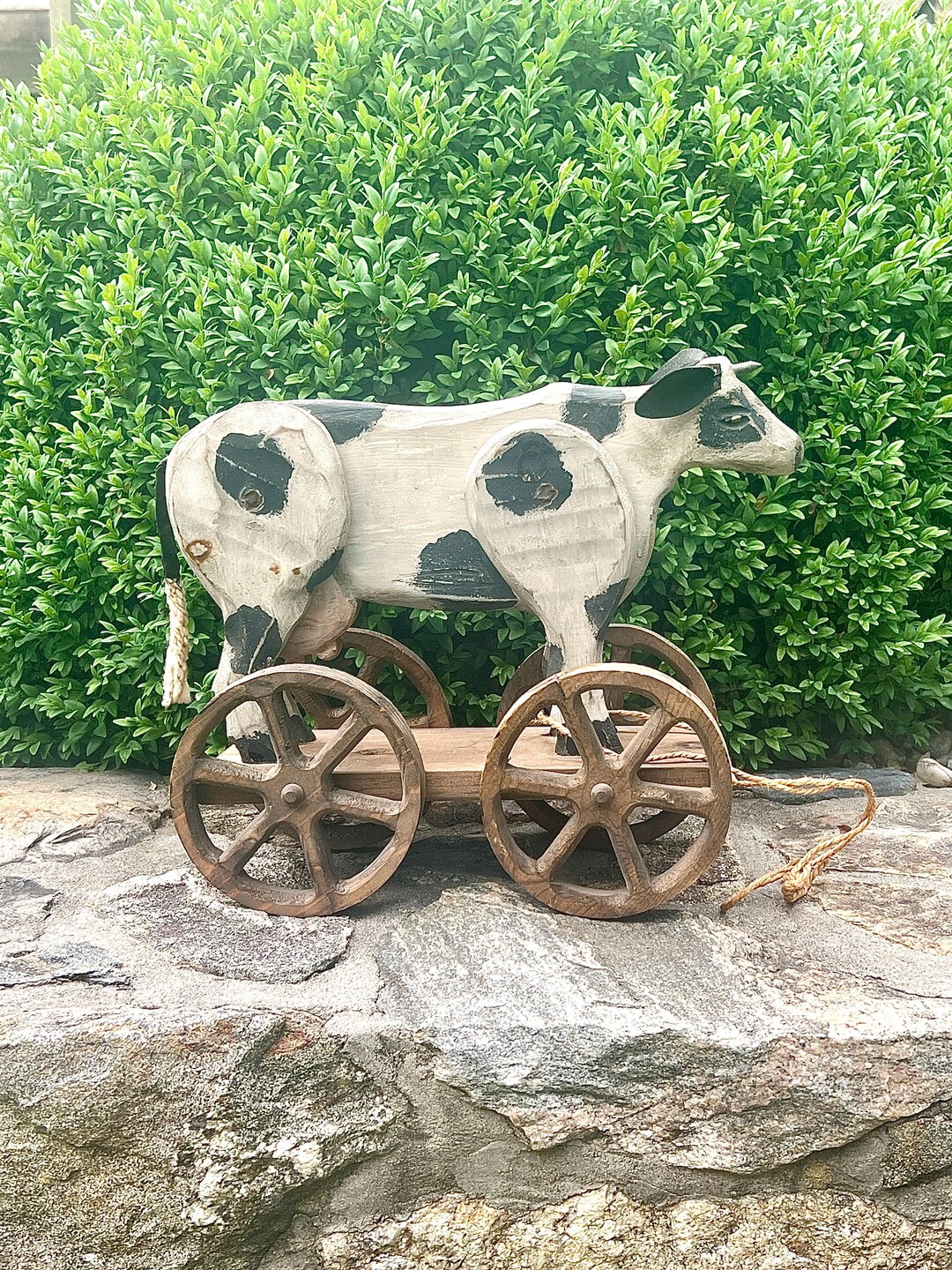 Vintage Large Wooden Cow on Cart, Farmhouse Cottage Decor/ Decoration ...