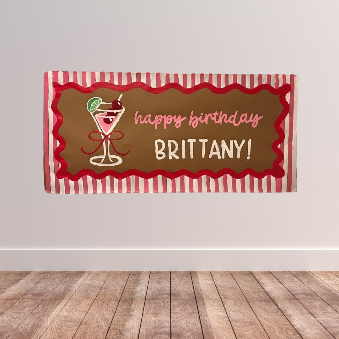 Martini Birthday Banner – Pink & White Stripe Cherry on Top Theme ...