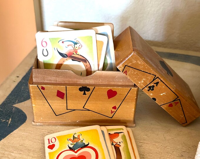 Vintage 1950s Playing CARD Box HOLDER Wooden Sweet Deck of Cards ...