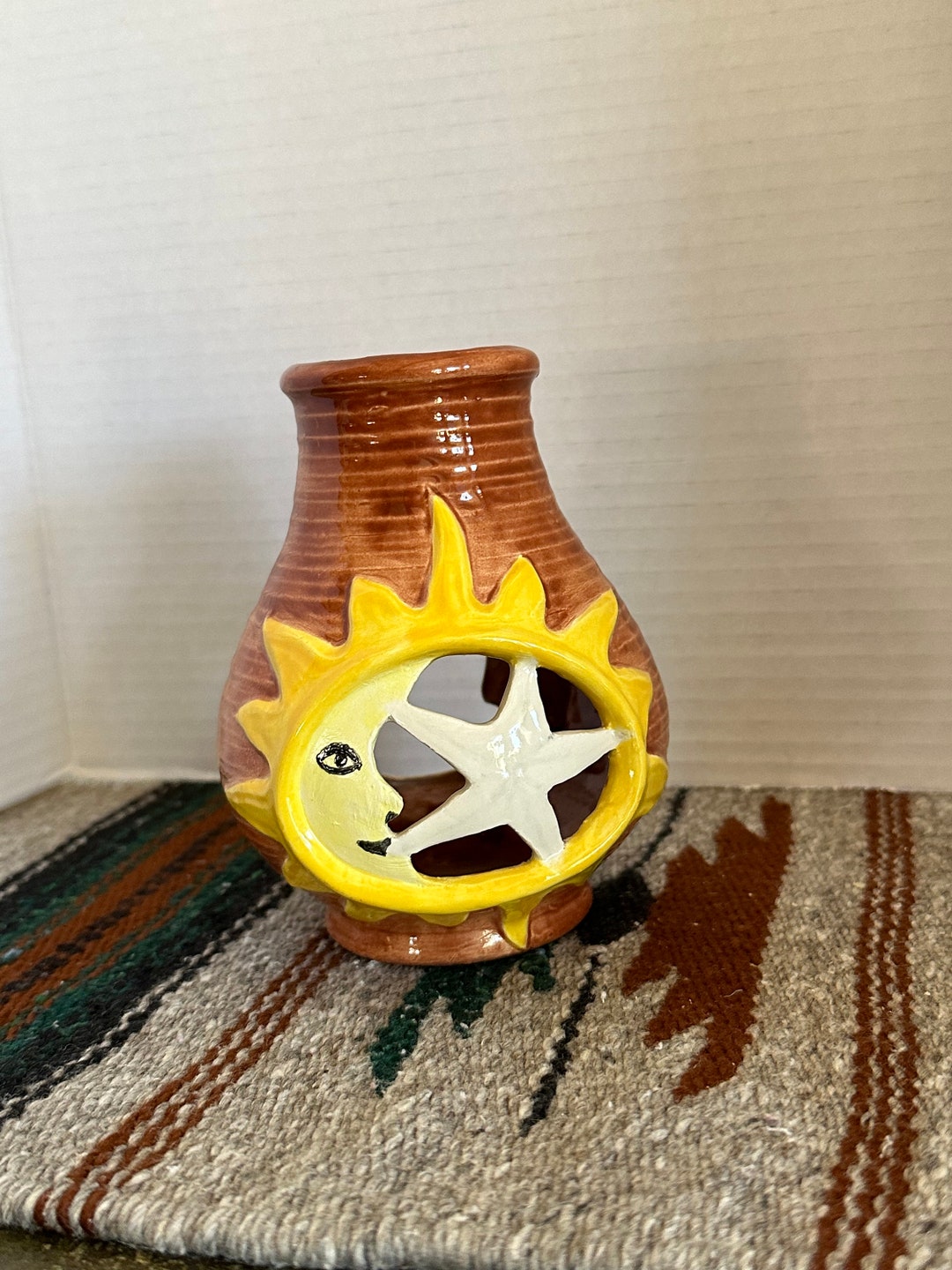 Vintage SOUTHWESTERN Votive CANDLE HOLDER Chiminea Moon Stars Celestial ...